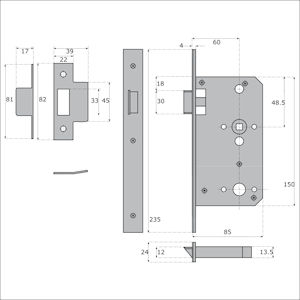 85mm Euro DIN Style Mortice Latch for Lever Door Handles Satin Stainless