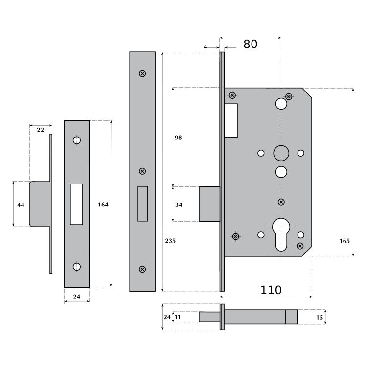 110mm Satin Brass Euro Profile Cylinder Mortice Deadlock Case